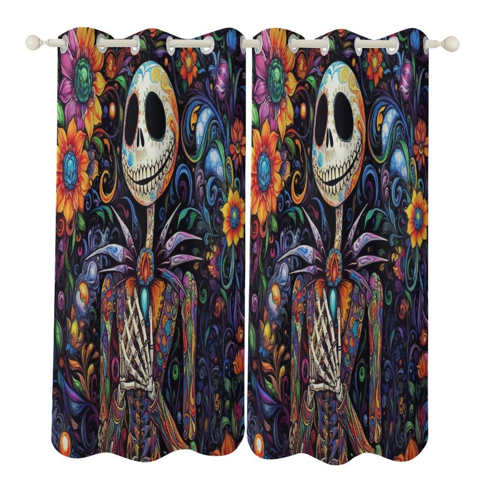 Jack-Skellington Curtains Perforated Halloween Pattern Window Blackout ...