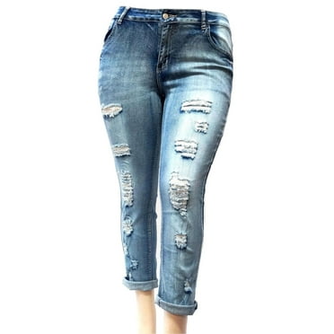 Diamante Premium Women's Plus Size Distressed Ripped Skinny Denim Jeans ...