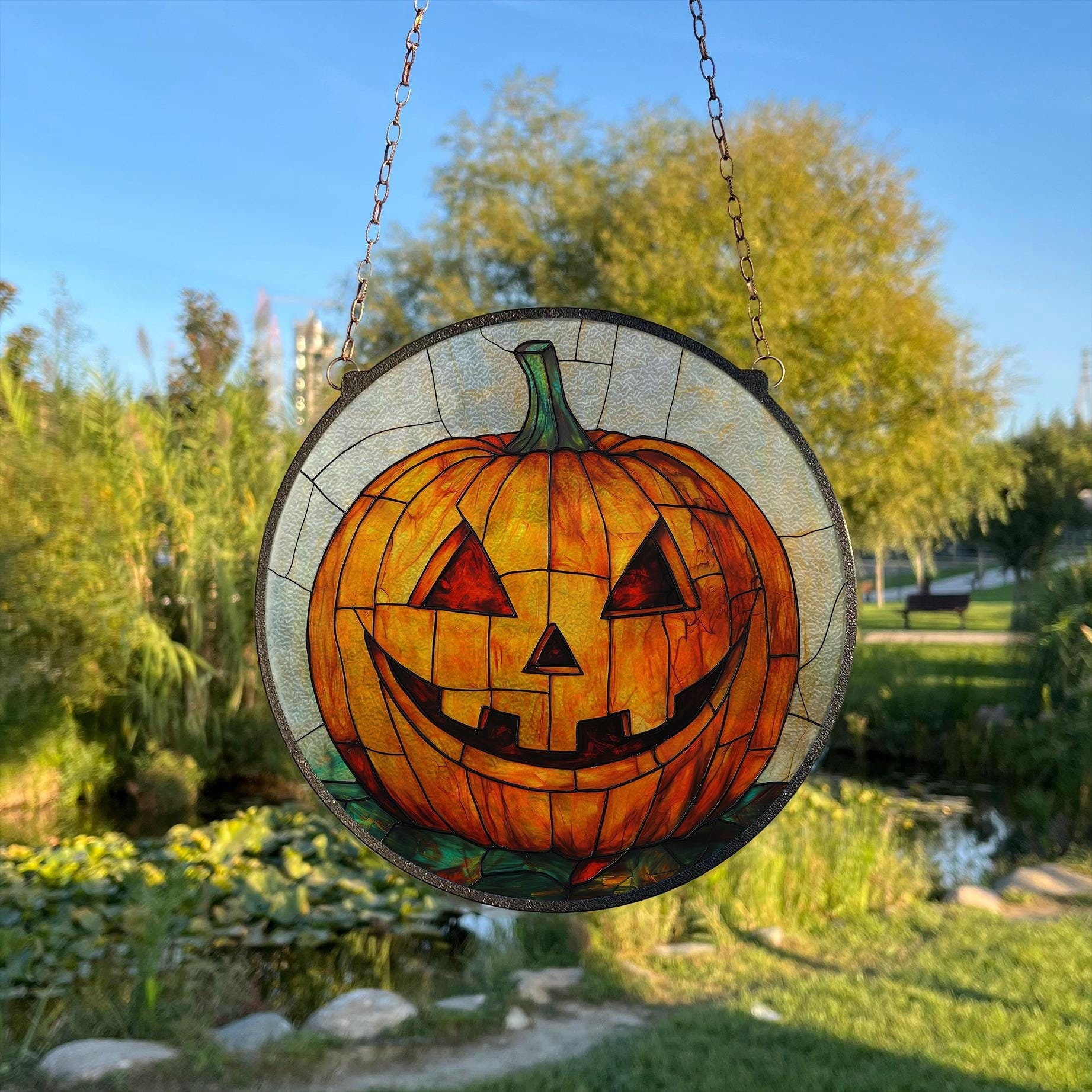 Jack-o'-lantern Painted Stained Glass Suncatcher, Window Hanging Decor ...