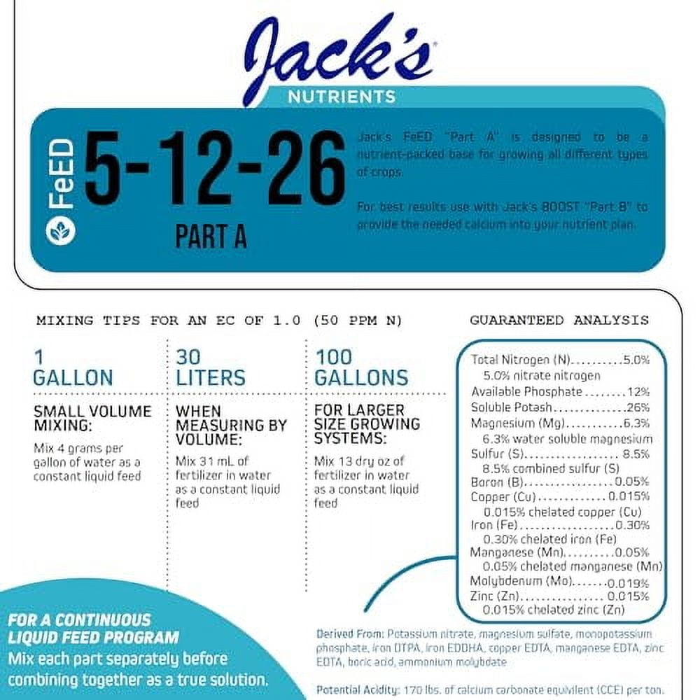 Jack's Classic Nutrients 5-12-26 Part A Water-Soluble Fertilizer for Growth of Leaves and Strong ...