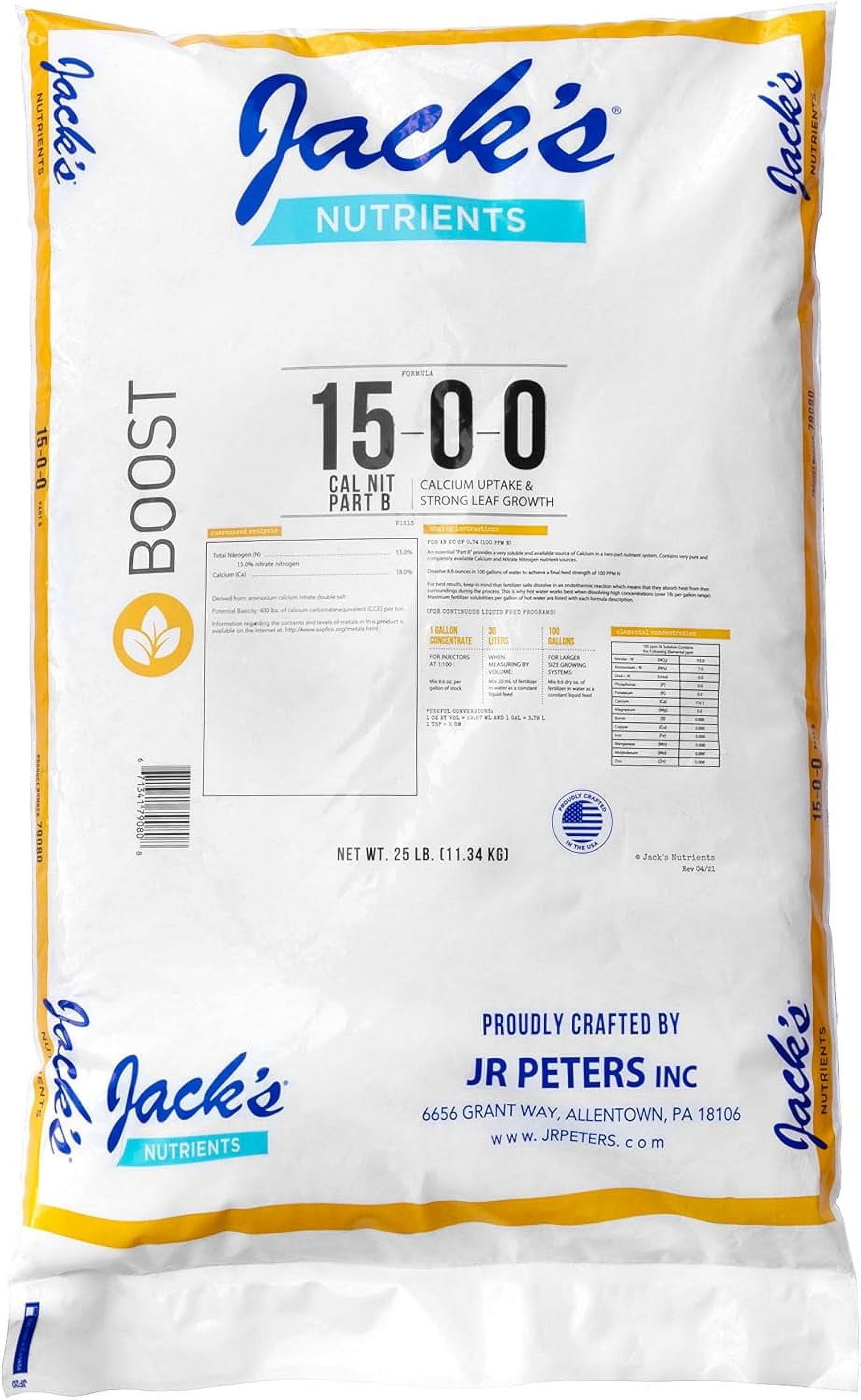 Jack's Nutrients 15-0-0 Part B Water-Soluble Fertilizer for Calcium Uptake and Strong Leaf ...
