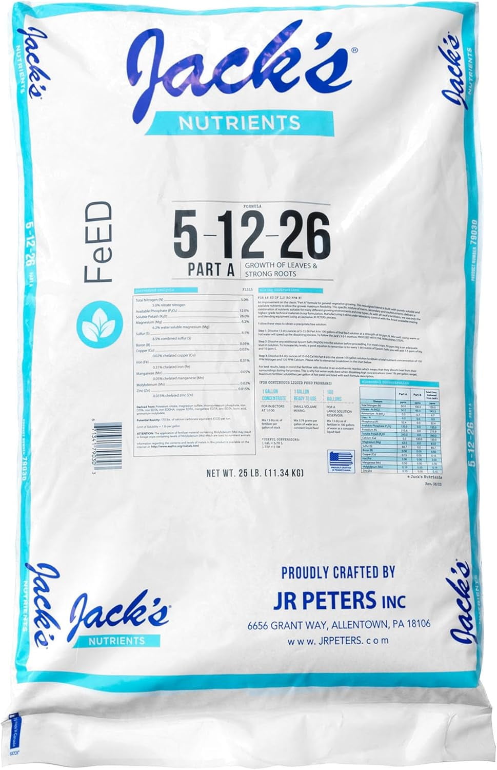 Jack's Nutrients 5-12-26 Part A Water-Soluble Fertilizer for Growth of Leaves and Strong Roots ...