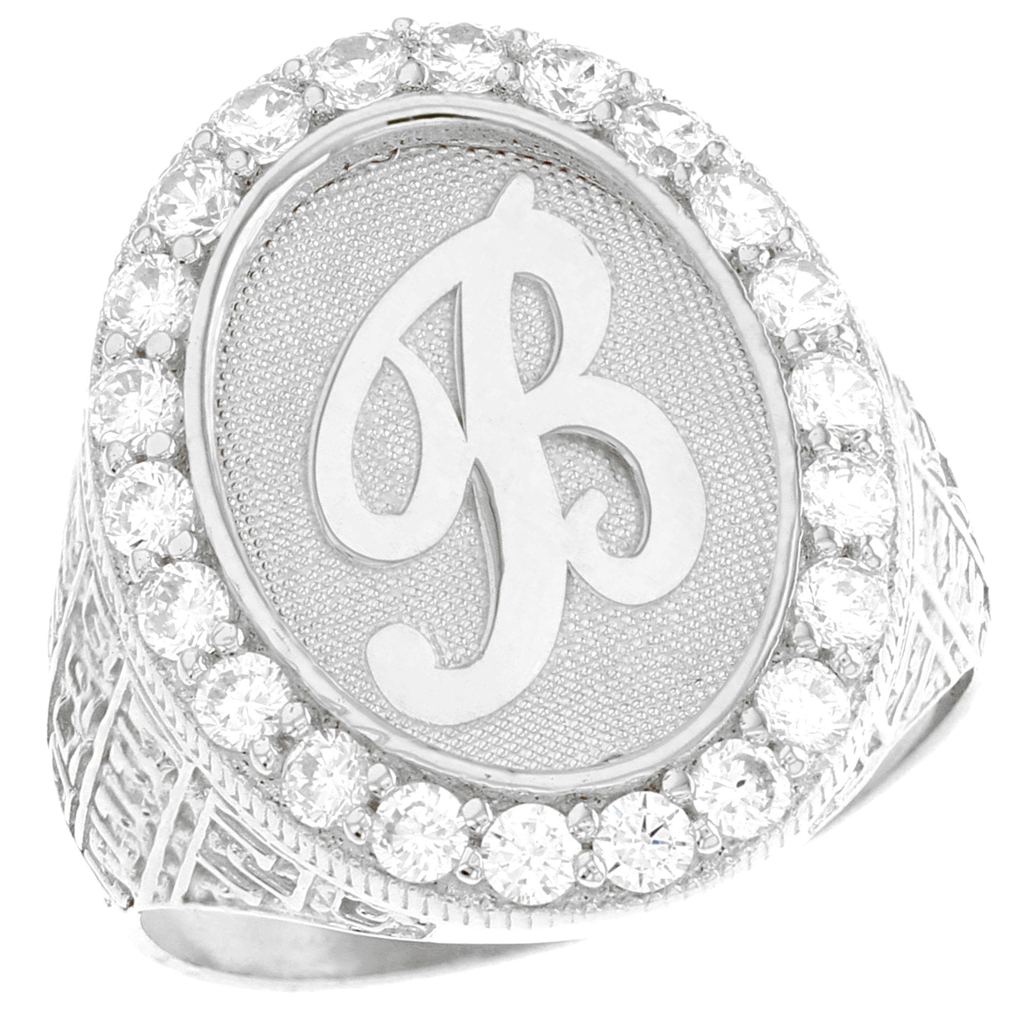 JackAni 10k White Gold Mens Oval Halo White CZ Initial Letter B Ring ...