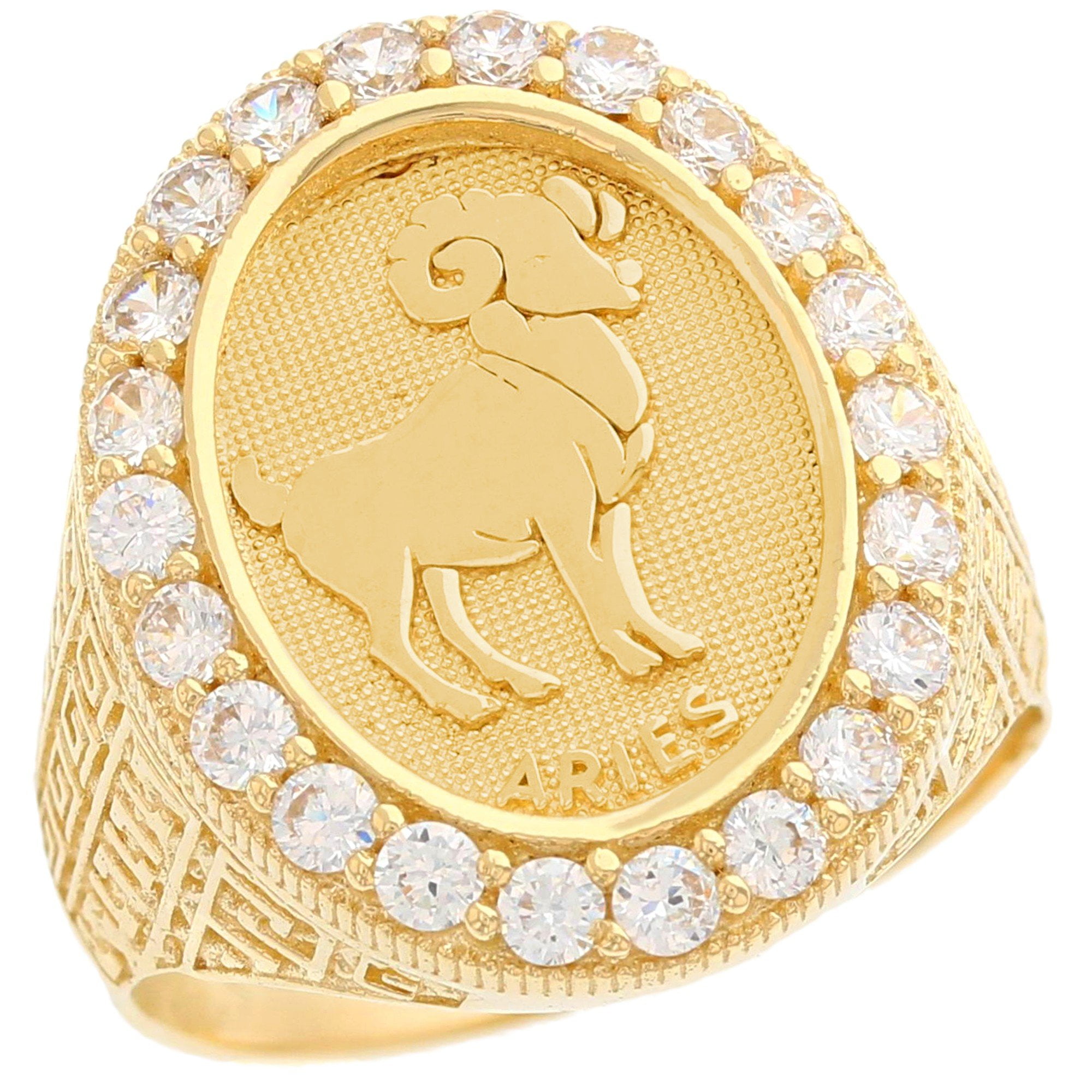 JackAni 10k Yellow Gold Zodiac Aries Oval Halo White CZ Men's Heavy ...