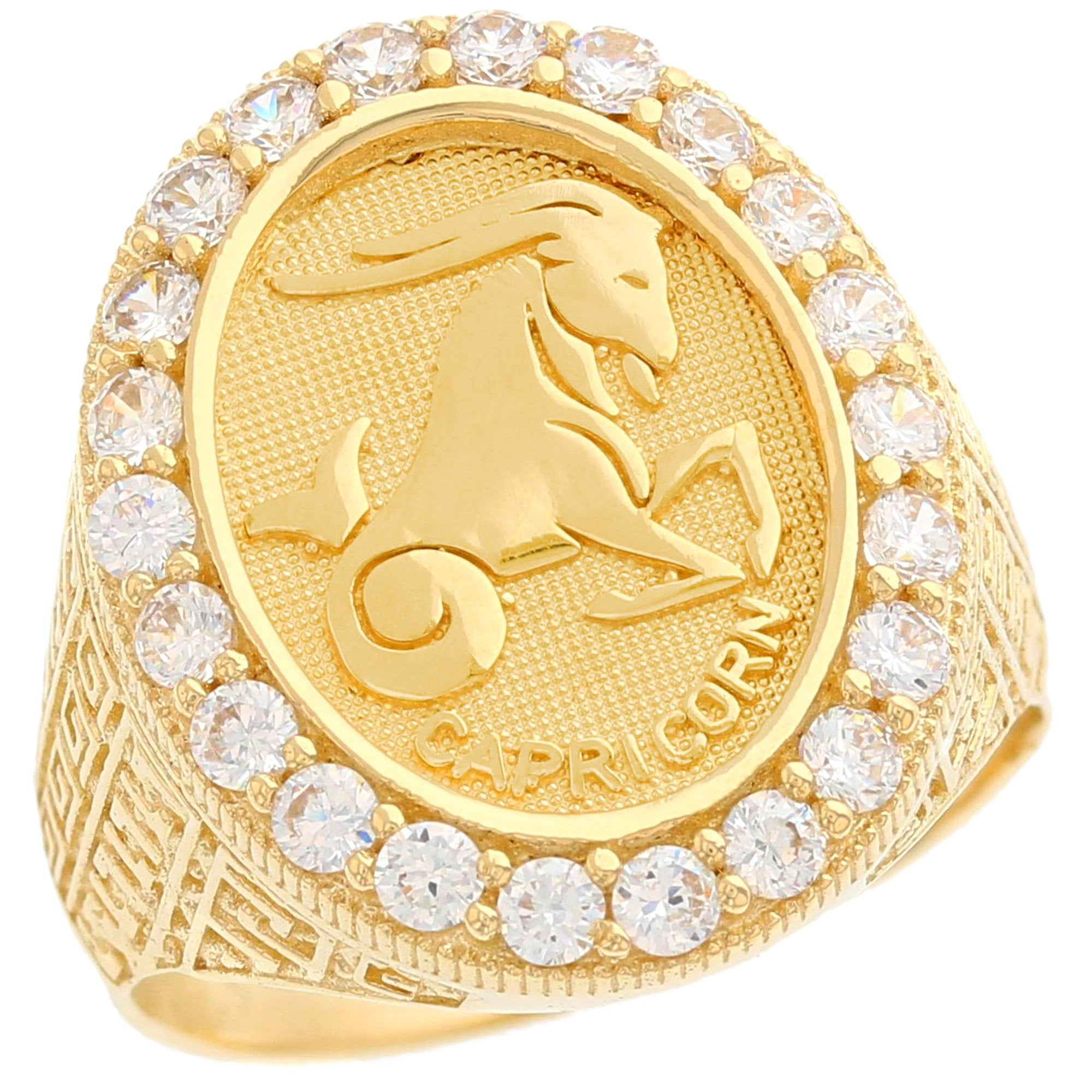 JackAni 10k Yellow Gold Zodiac Capricorn Oval Halo White CZ Men's Heavy ...