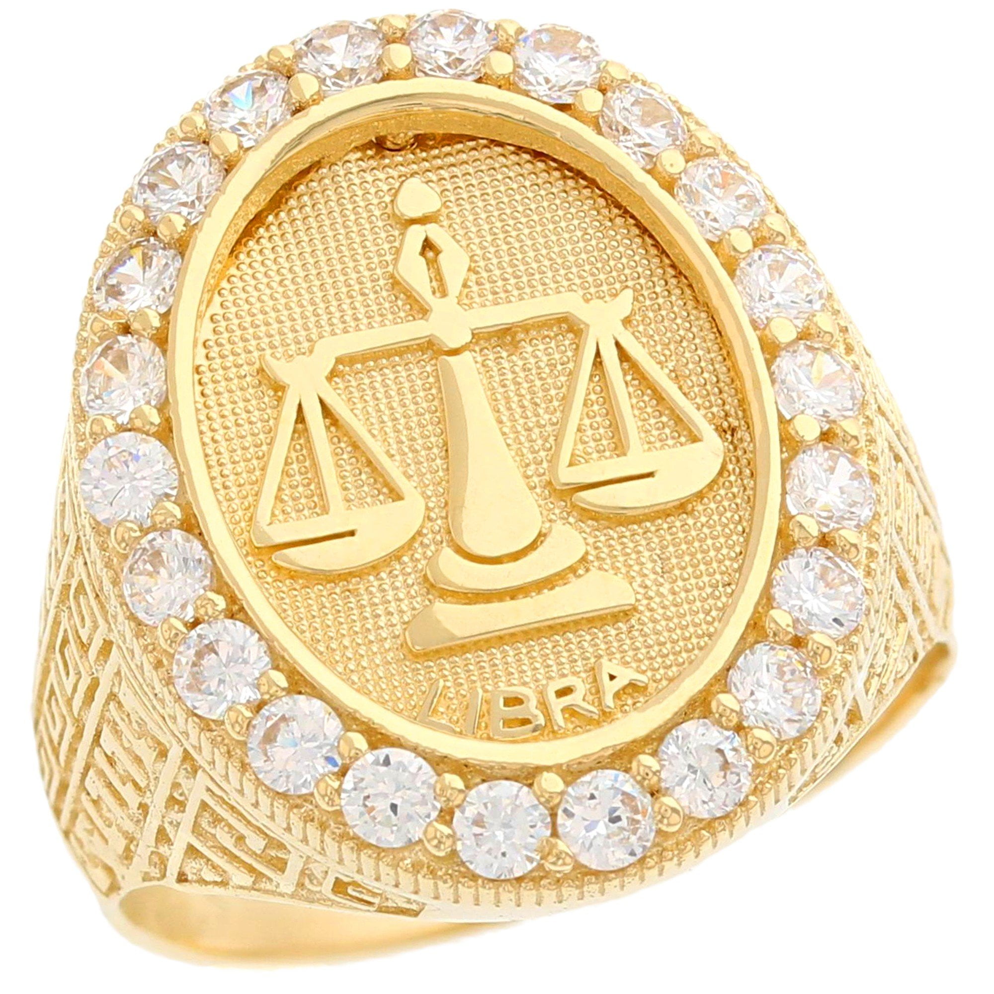 JackAni 10k Yellow Gold Zodiac Libra Oval Halo White CZ Men's Heavy ...