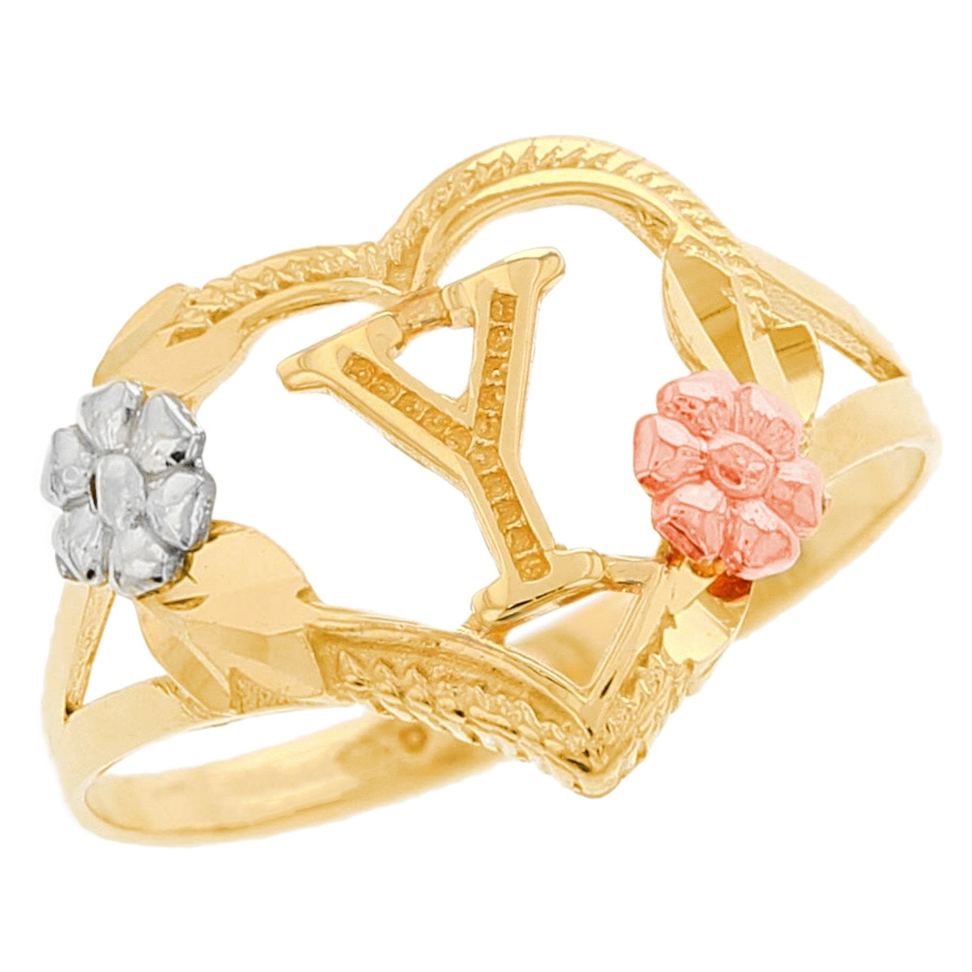 JackAni 14k Multi-Tone Gold Diamond Cut Floral Letter Initial Y Heart ...