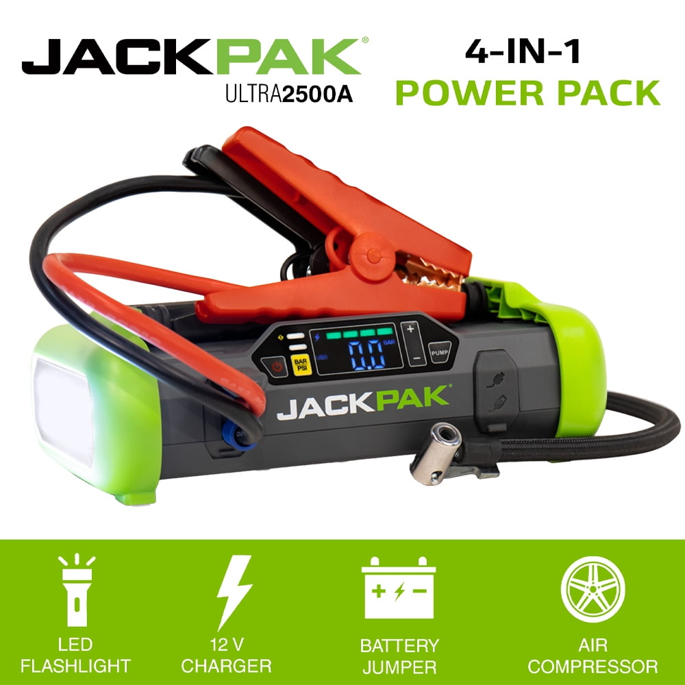 JackPak 2500 Amp Portable 4-1 Jump Starter, Air Compressor, Flashlight ...