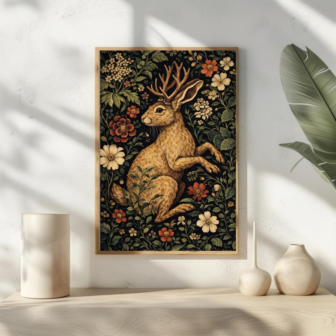 Jackalope Dark Botanical Art William Morris Style Decor Mythical ...