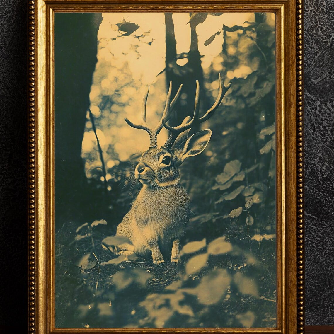 Jackalope In Forest, Hare Vintage Photo, Rabbit Poster Print, Dark ...