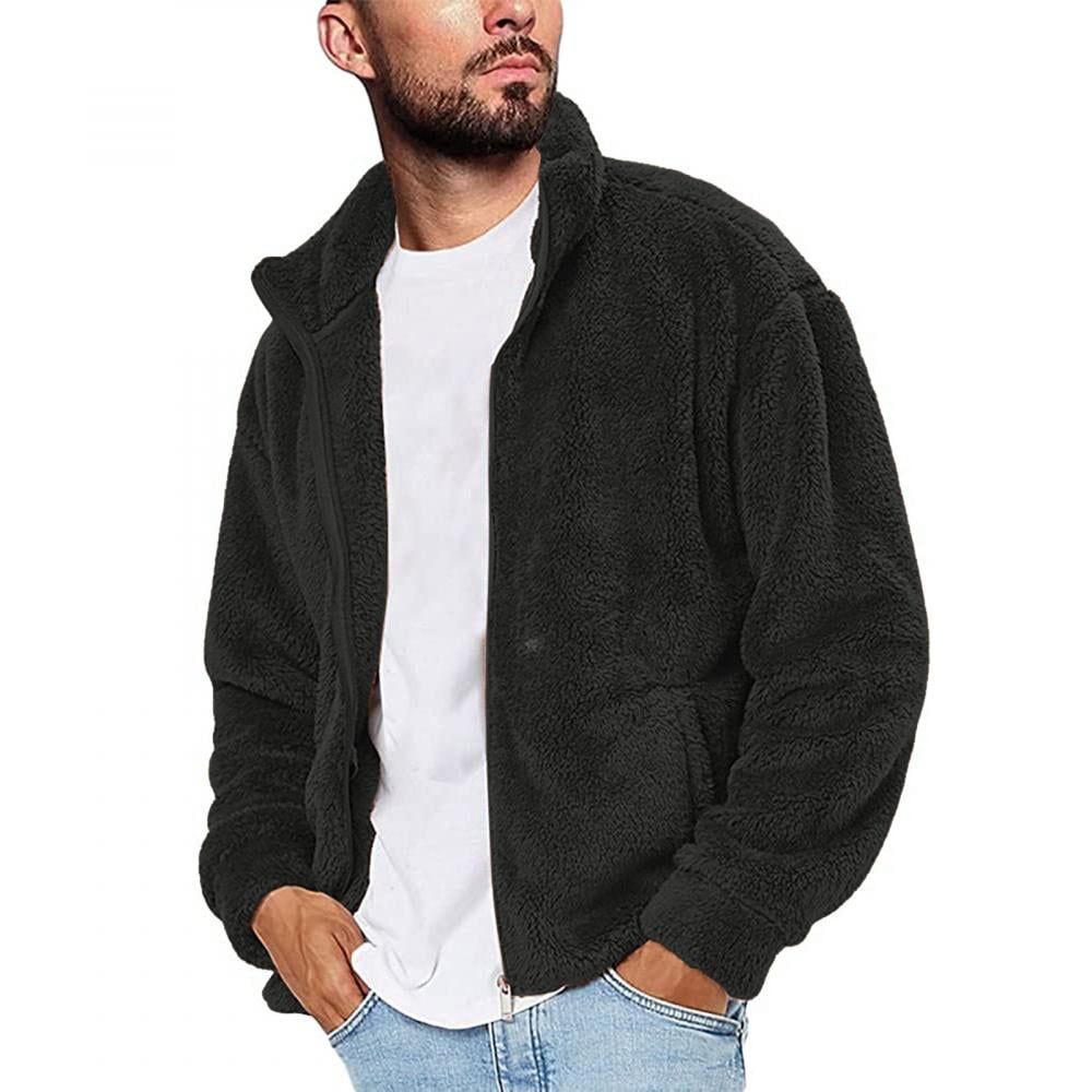 Jacket for Men Mens Fuzzy Sherpa Jacket Casual Winter Stand Collar Zip ...