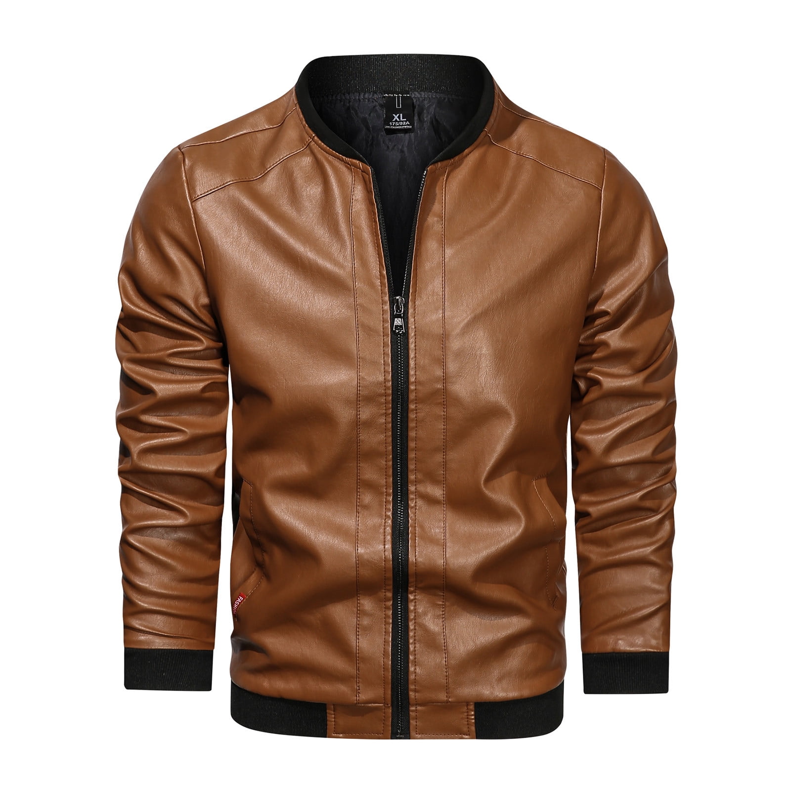 Jackets For Men Casual Leather Splice Jacket Long Sleeve Stand Collar ...