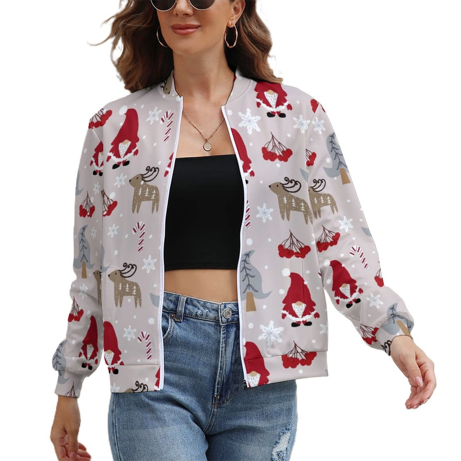 Jackets for Wome Zip Up Long Sleeve, Cartoon Santa And Reindeer ...