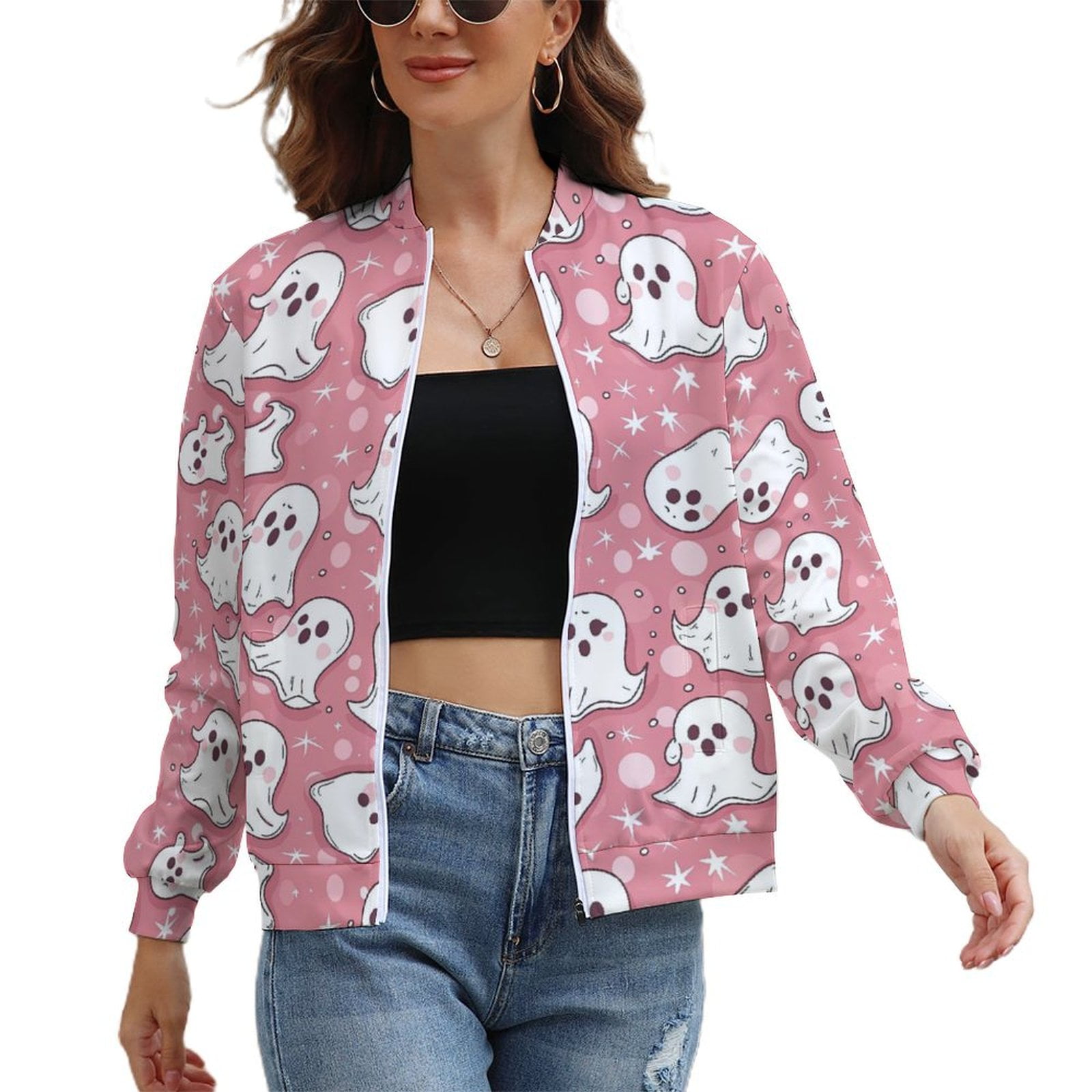 Jackets for Wome Zip Up Long Sleeve, Pink-background-halloween-ghost Lightweight Womens Bomber ...