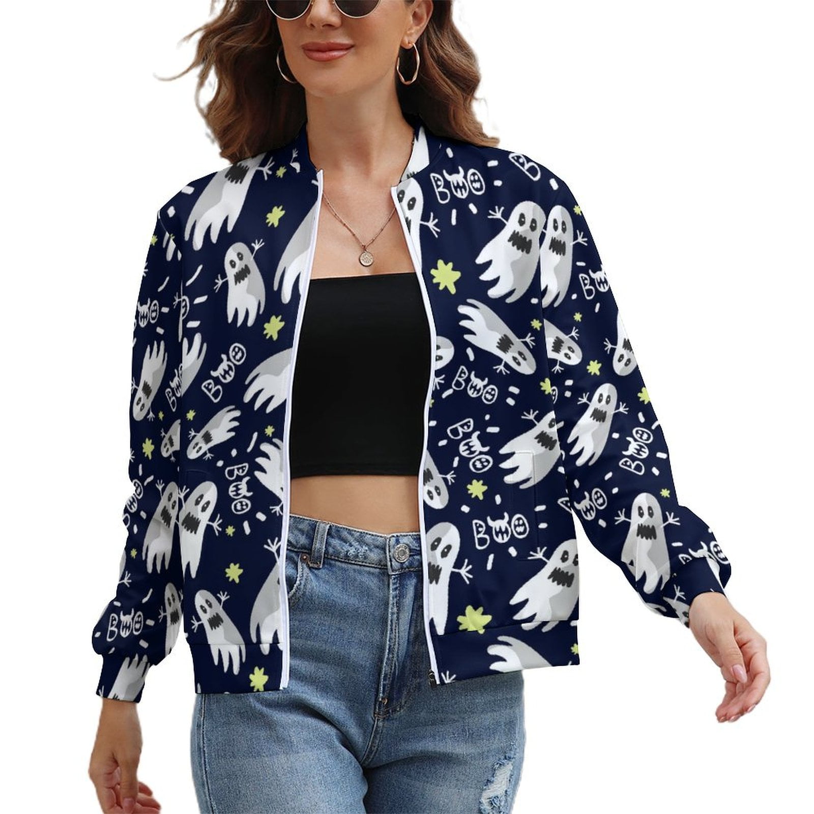 Jackets for Wome Zip Up Long Sleeve, Print_with_good_ghosts_on_a_blue ...