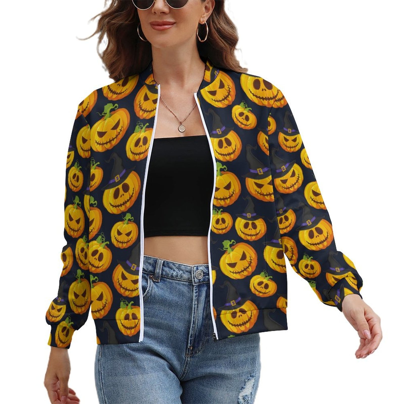 Jackets for Wome Zip Up Long Sleeve, Pumpkins Halloween Element ...