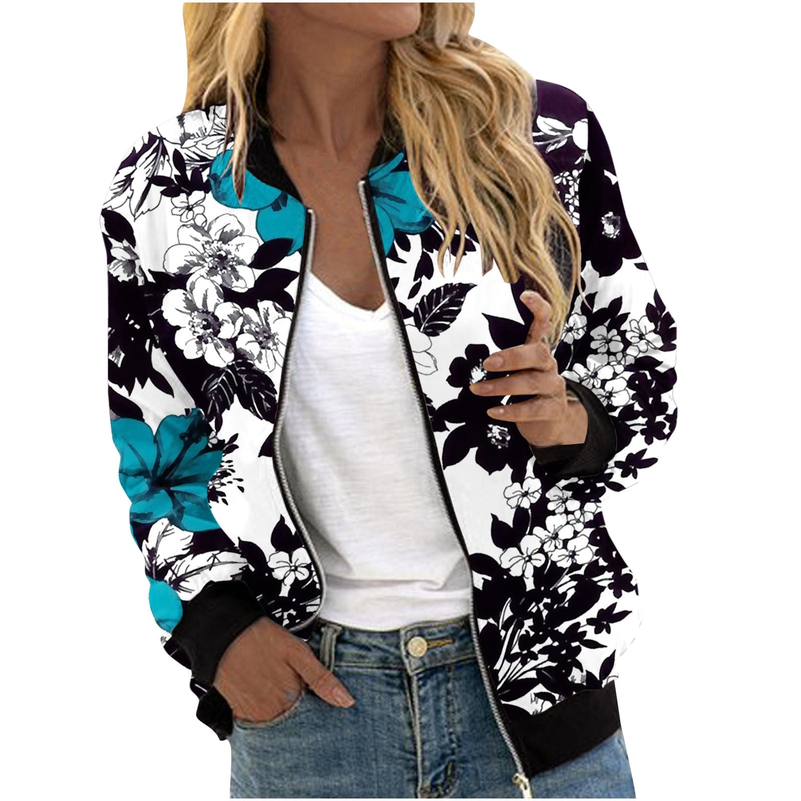 Jackets For Women Floral Printed Fashion Casual Zip Top Jacket Long ...