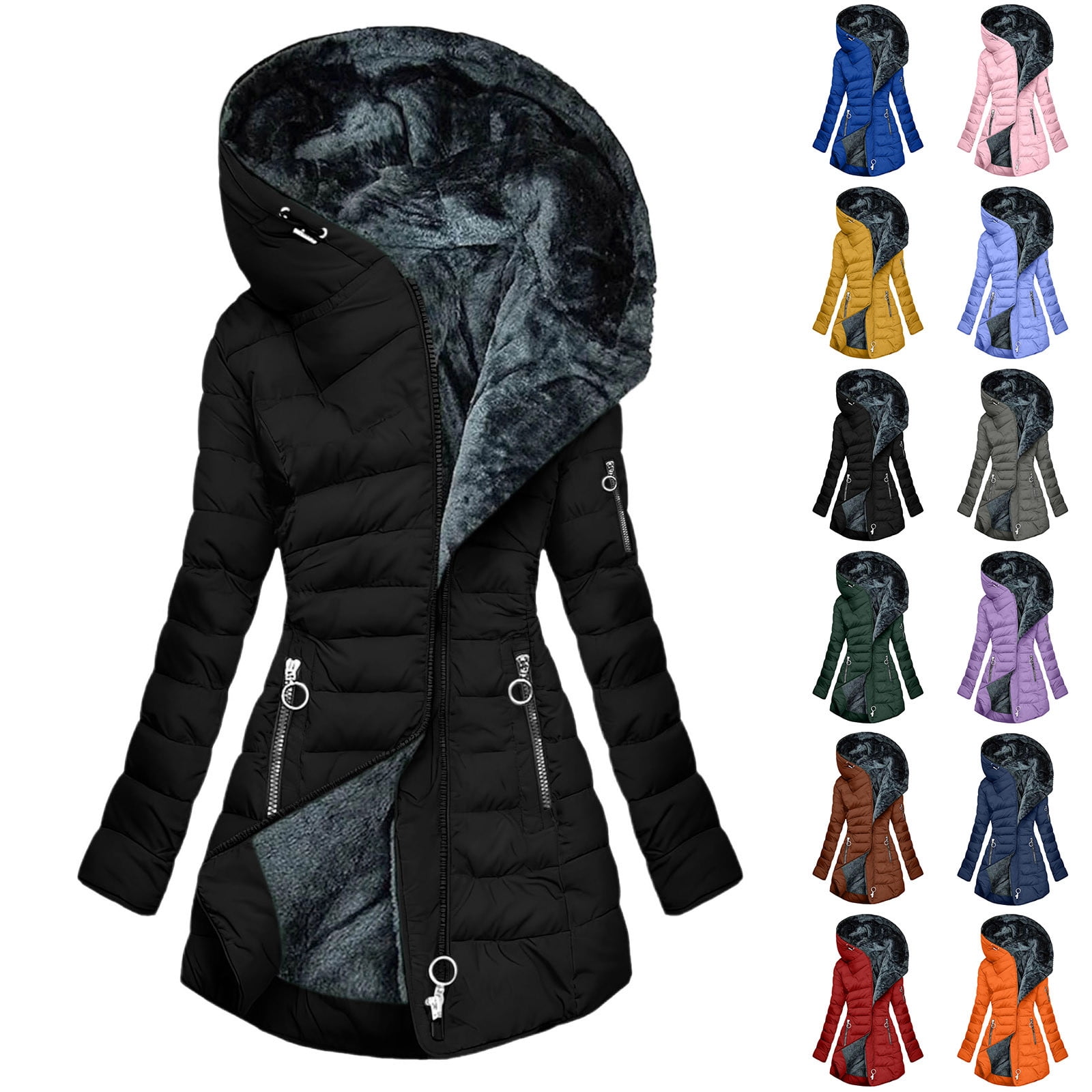 Down Jackets for Women Hooded Plus Size Long Sleeve Solid Color Winter ...