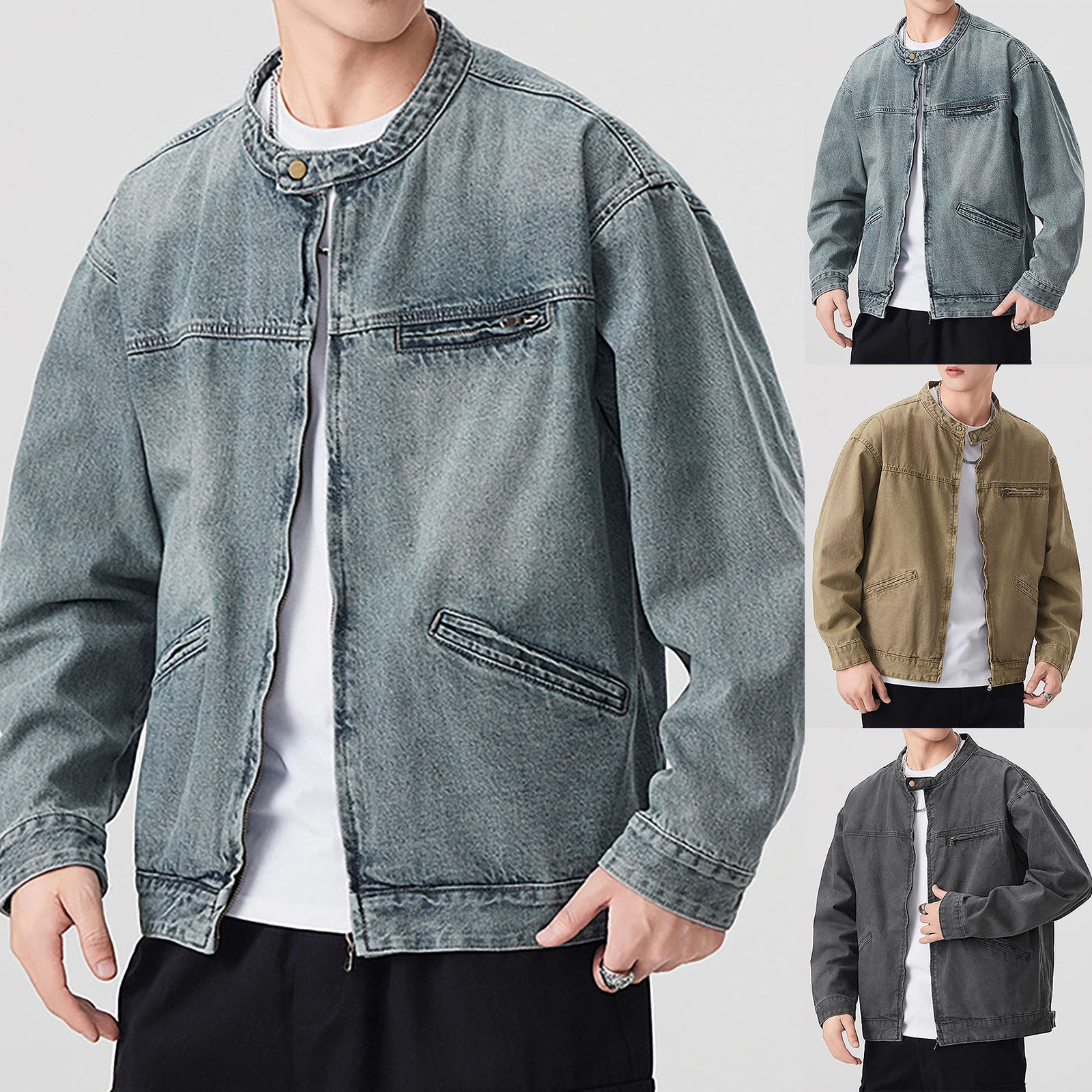 Jackets for Men Big And Tall Crew Neck Zip Up Jean Jacket Streetwear ...