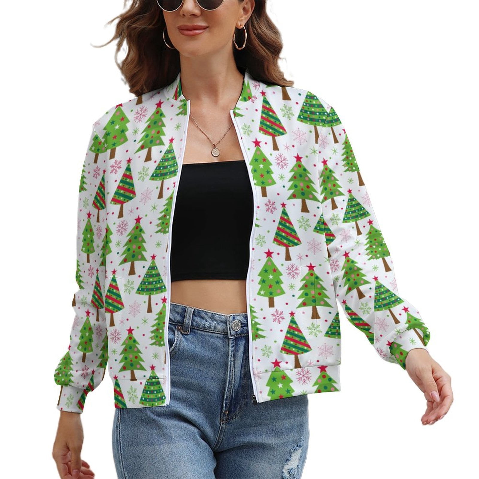 Jackets for Wome Zip Up Long Sleeve, Christmas Trees Lightweight Womens ...