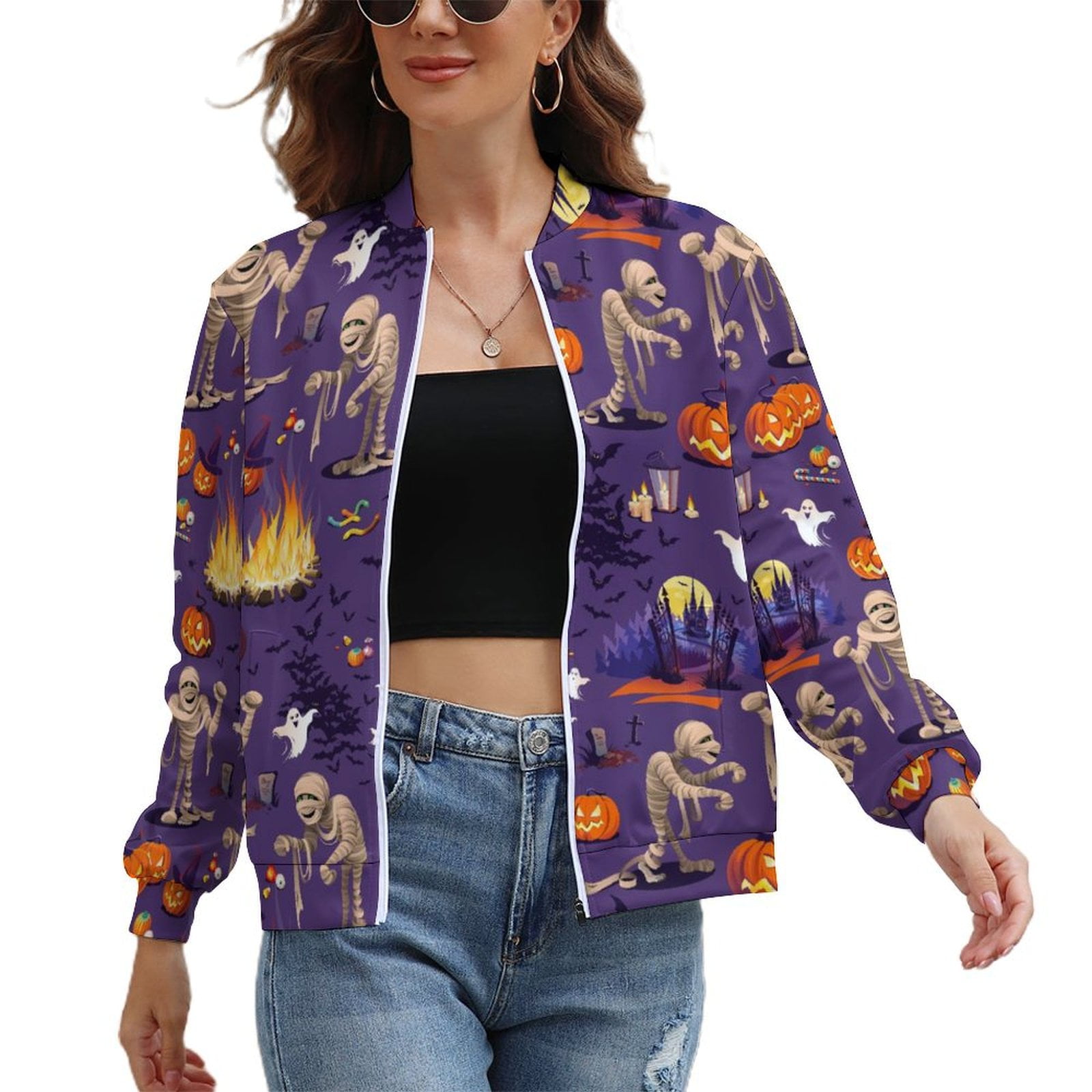 Jackets for Wome Zip Up Long Sleeve, Halloween Elements Print ...