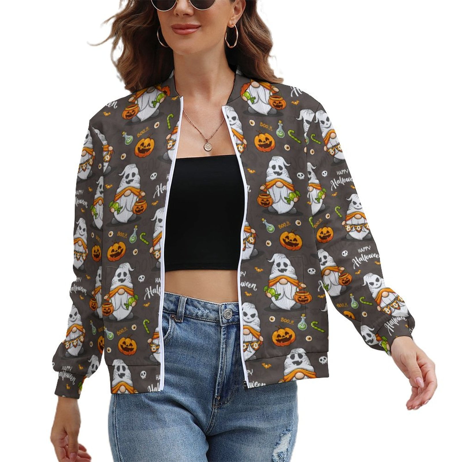 Jackets for Wome Zip Up Long Sleeve, Halloween Ghost Pumpkin Lightweight Womens Bomber Jacket ...