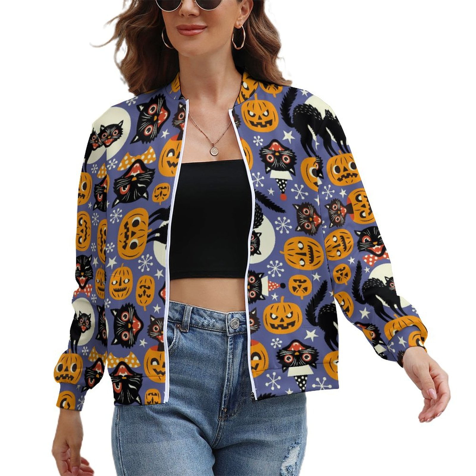 Jackets for Wome Zip Up Long Sleeve, Pumpkins Halloween Cat Lightweight ...