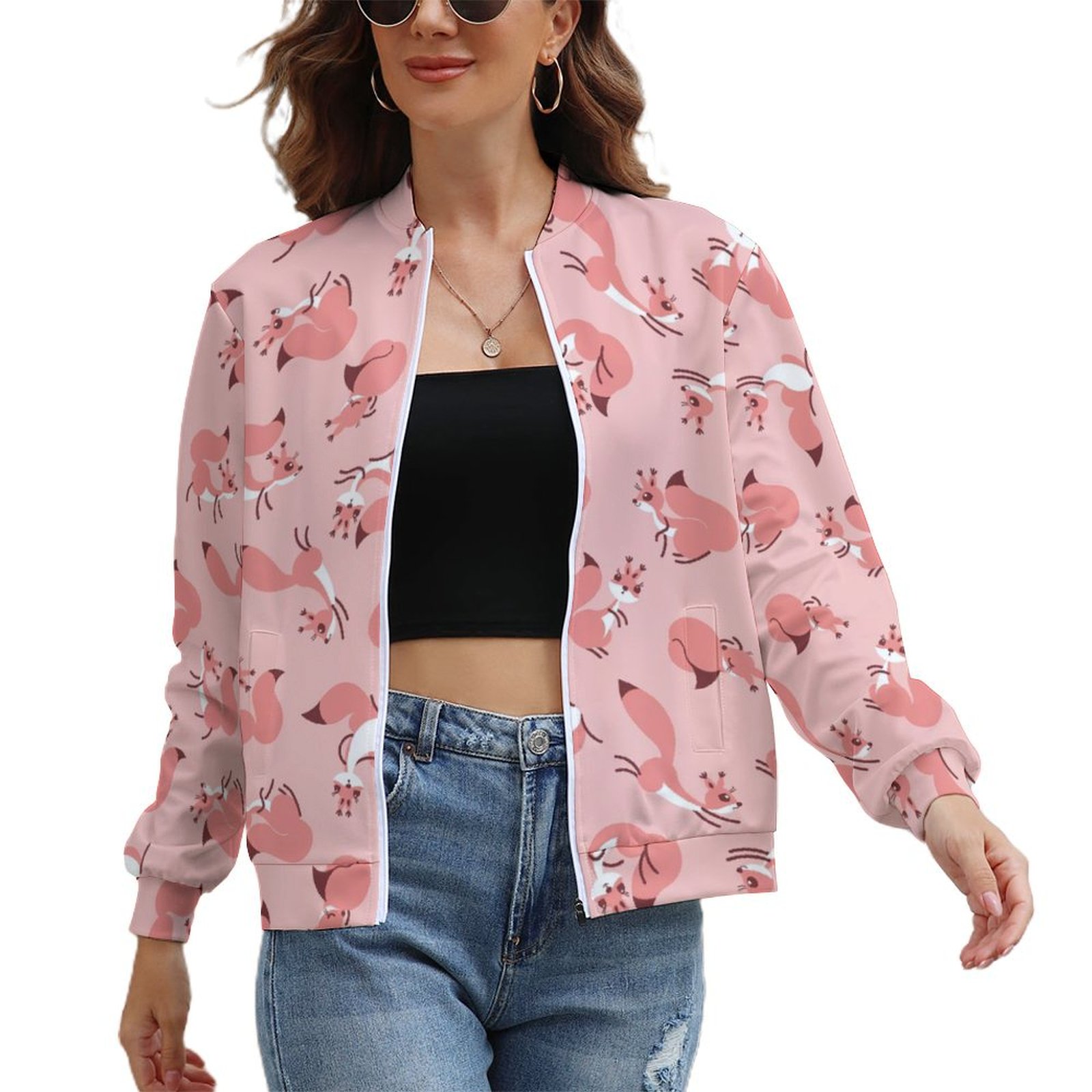 Jackets for Women Cute Pink Squirrel Light Long Sleeve Zip Up Jackets ...