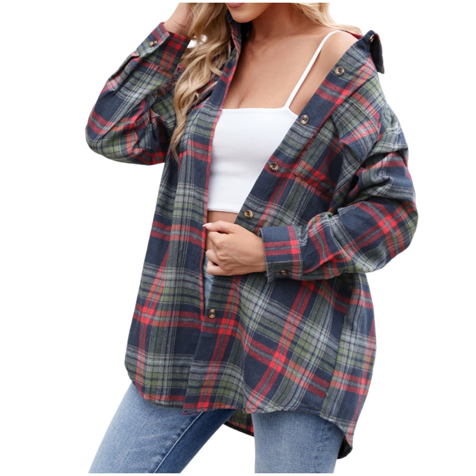 Jackets for Women Fleece Womens Button Flannel Shirts Long Sleeve Plaid ...