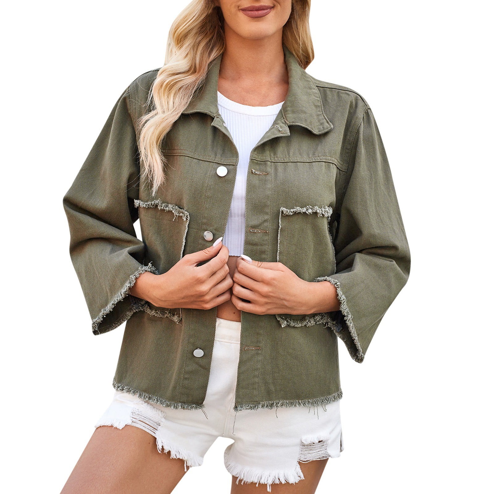 Jackets for Women Lapel Button Washed Solid Color Loose Three Quarter ...