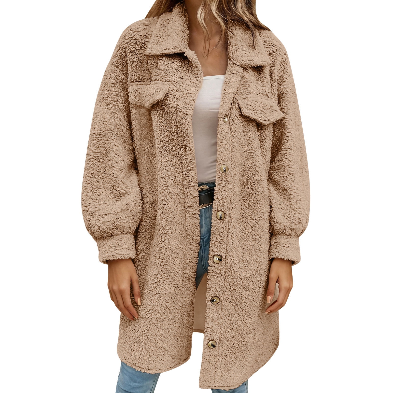 Jackets for Women Plus Size Lapel Casual Long Sleeve Hoodless Fuzzy ...