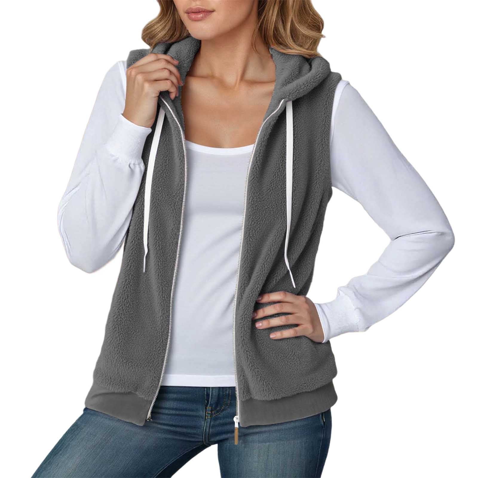 Jackets for Women Polar Hooded Vest Solid Sleeveless Drawstring ...