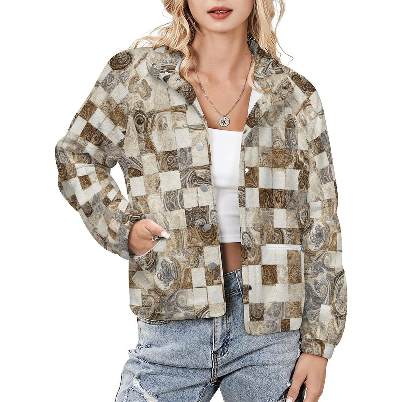 Jackets for Women Winter Coat Jackets Flannel Stand Collar Jacket(Abstract Stone Mosaic Pattern ...