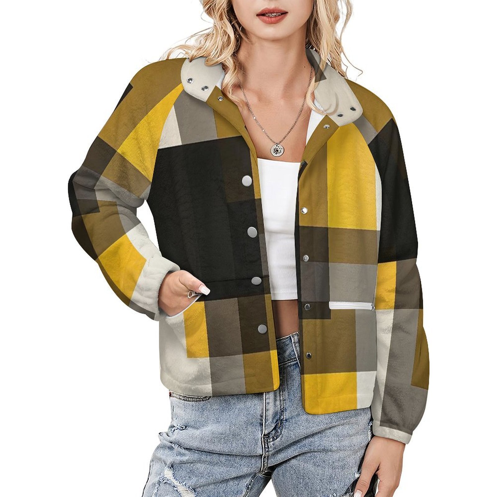 Jackets for Women Winter Coat Jackets Flannel Stand Collar Jacket(Beige ...