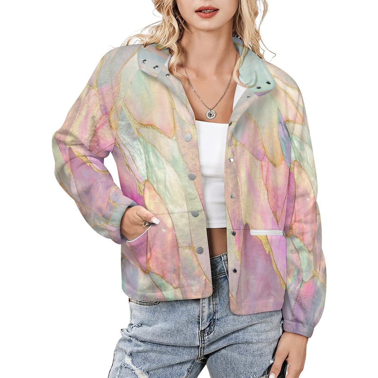 Jackets for Women Winter Coat Jackets Flannel Stand Collar Jacket(Iridescent Shell Mosaic ...