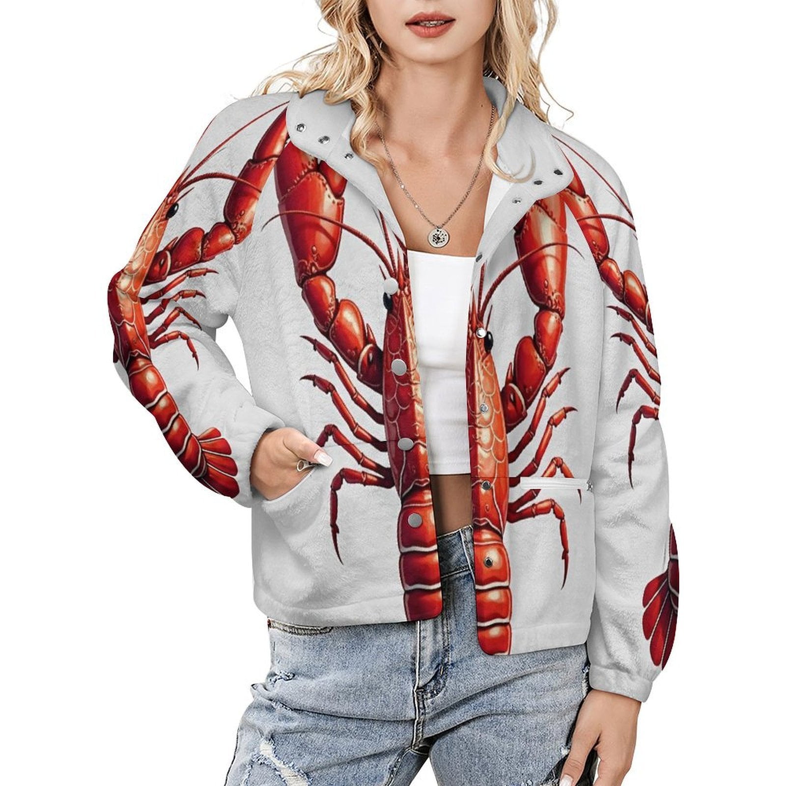 Jackets for Women Winter Coat Jackets Flannel Stand Collar Jacket(Red ...