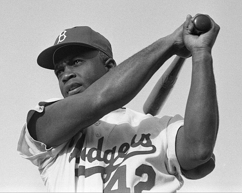 Jackie Robinson Swinging Baseball Bat Style - A - 24x36 Inch Laminated ...