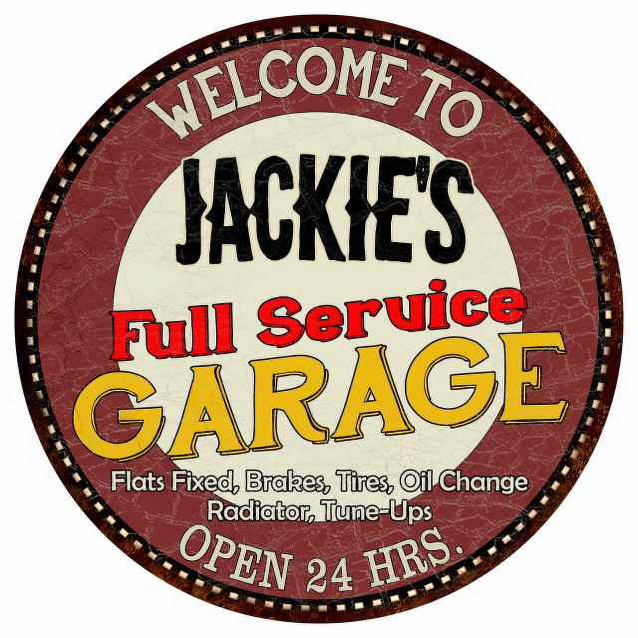 Jackie's Full Service Garage 12" Round Metal Sign Man Cave Décor ...