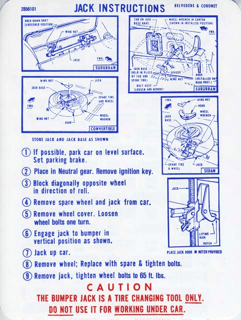 Jacking Instructions Decal Sticker For 1969 Dodge Coronet and Plymouth ...