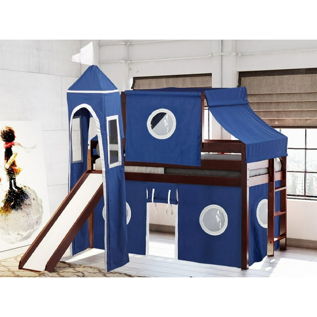 JACKPOT! Castle Low Loft Bed with Slide, Blue and White Tent and Tower ...