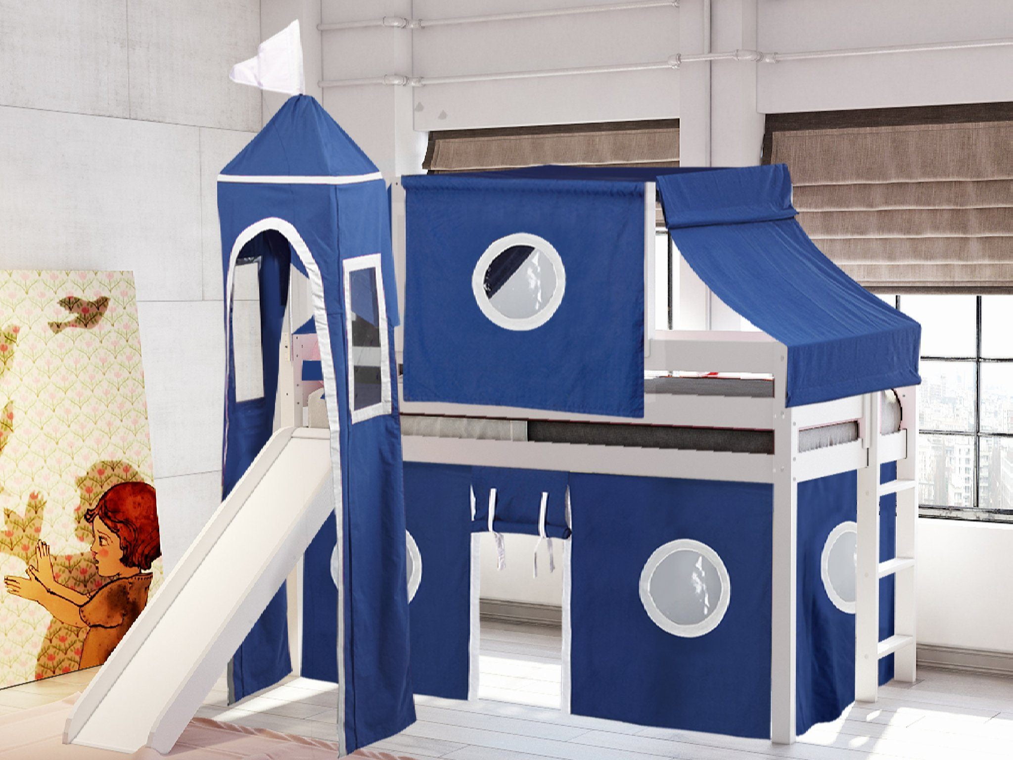 JACKPOT! Castle Low Loft Bed with Slide, Blue and White Tent and Tower ...