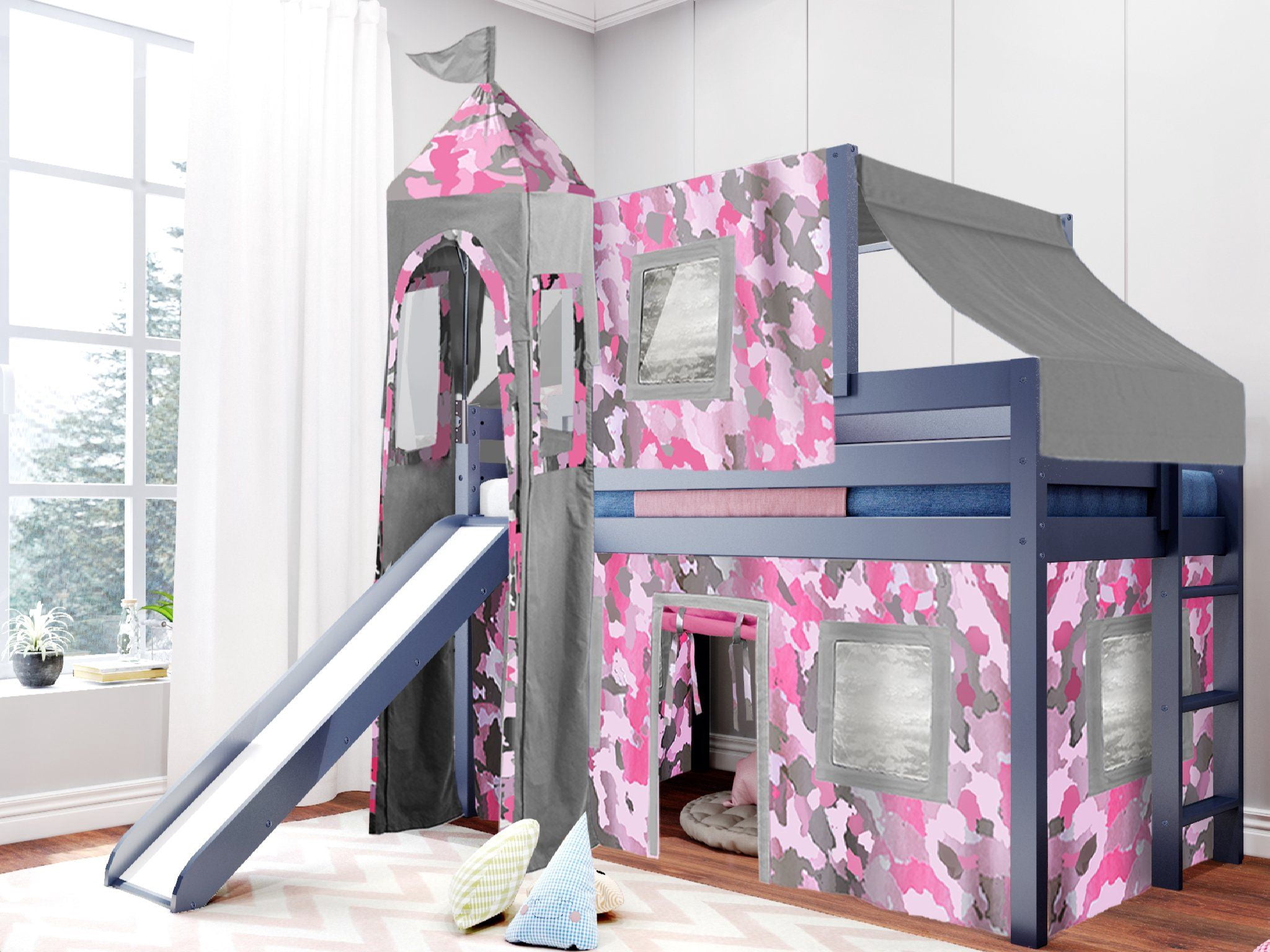 Jackpot Princess Low Loft Bed with Slide Pink Camo Tent and Tower, Twin ...