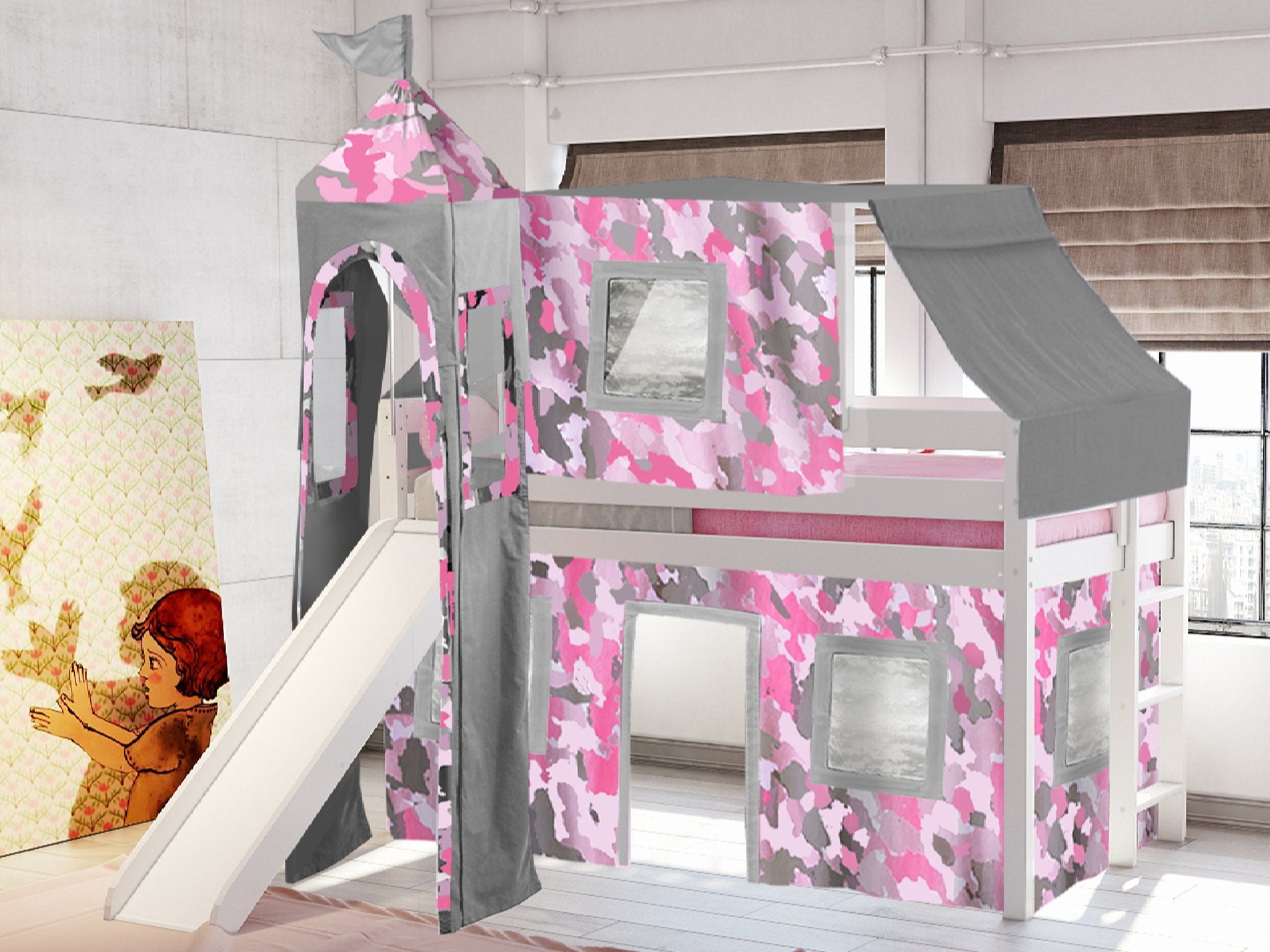 Jackpot Princess Low Loft Bed with Slide Pink Camo Tent and Tower, Twin ...
