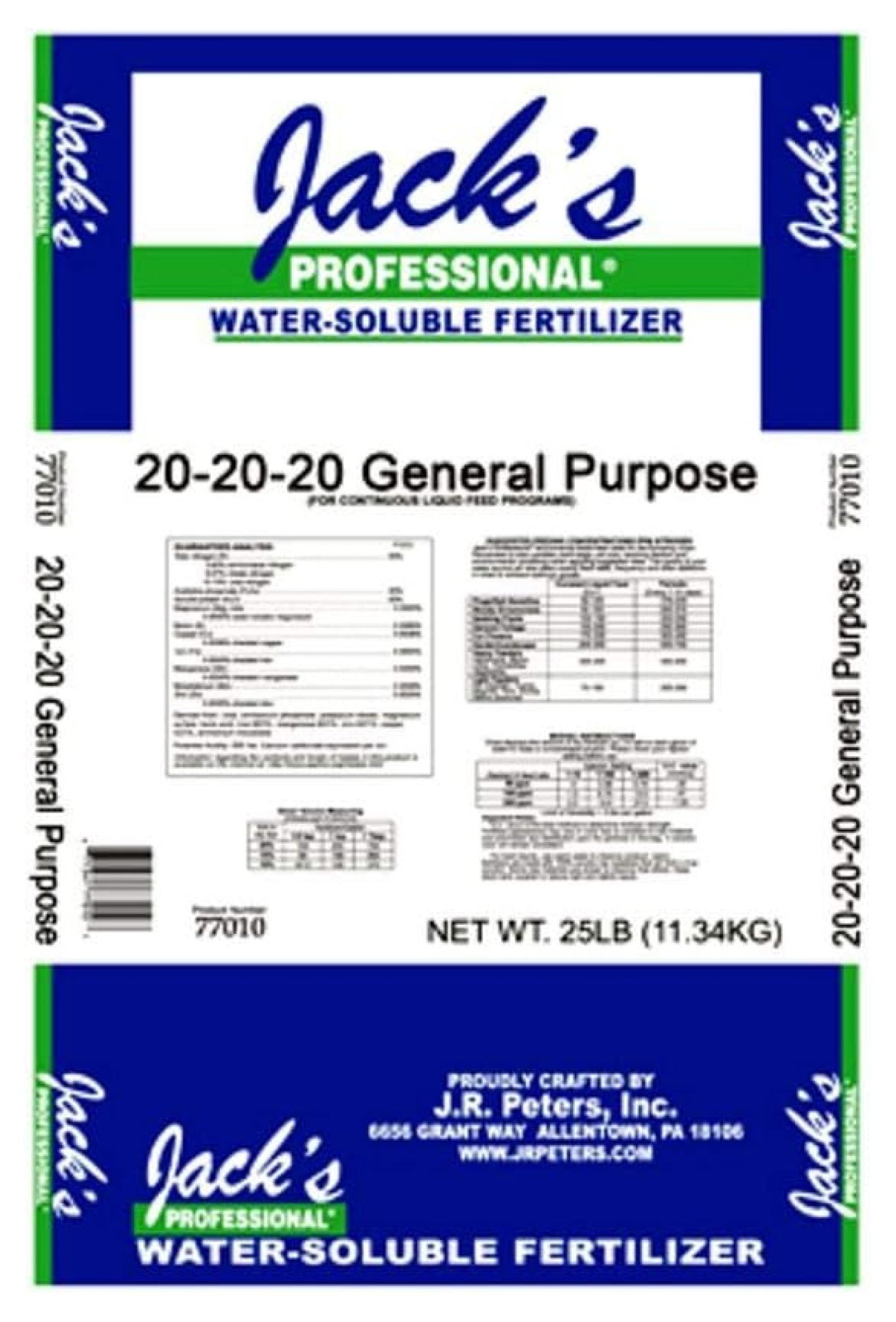 Jacks Prof 77010 General Purpose Fertilizer, 20-20-20 Fertilizer, 25 ...
