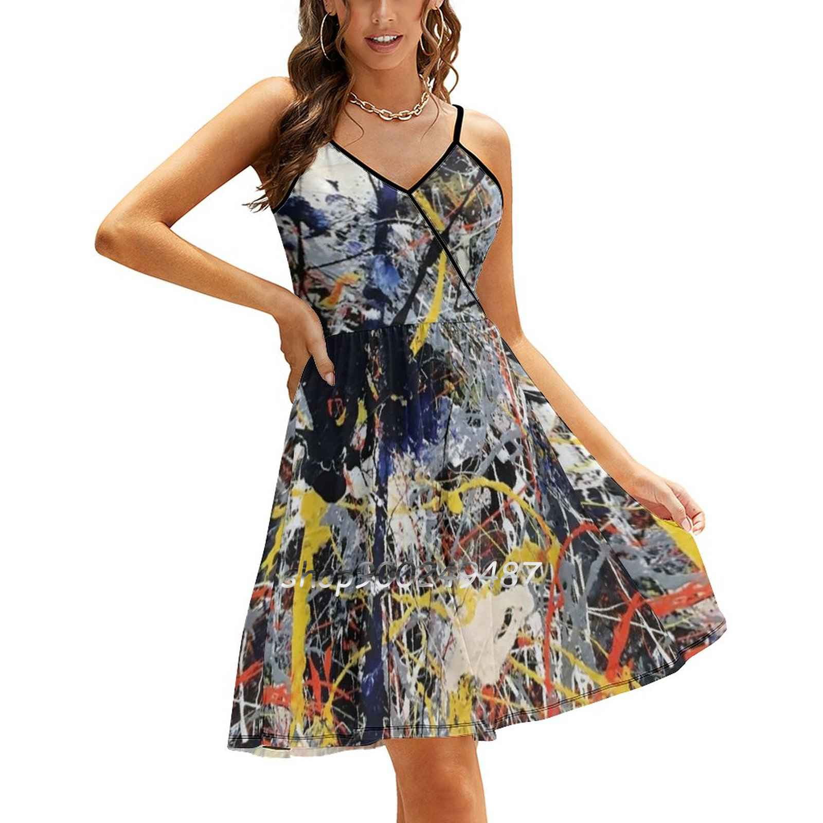 Jackson Pollack-Blue Poles Square Neck Dress Sweet Summer Dress Women ...
