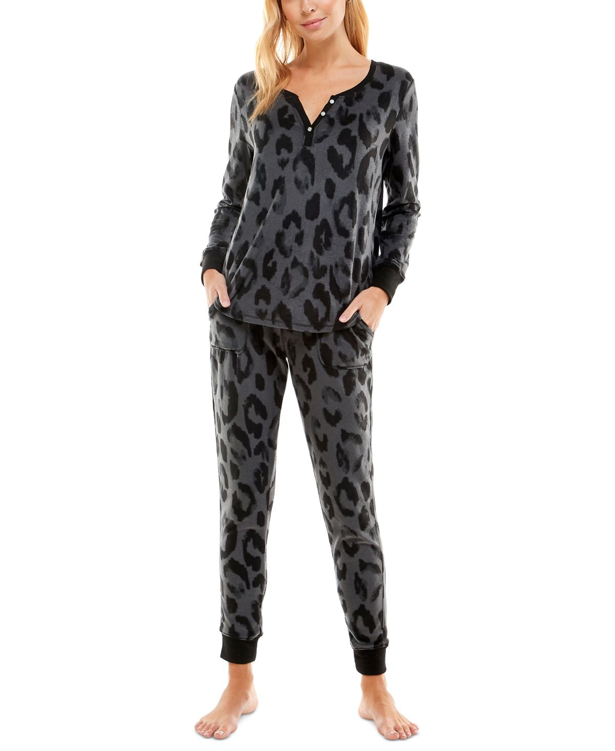 Jaclyn Intimates Womens Printed Faux Henley Top and Jogger Pants Set ...