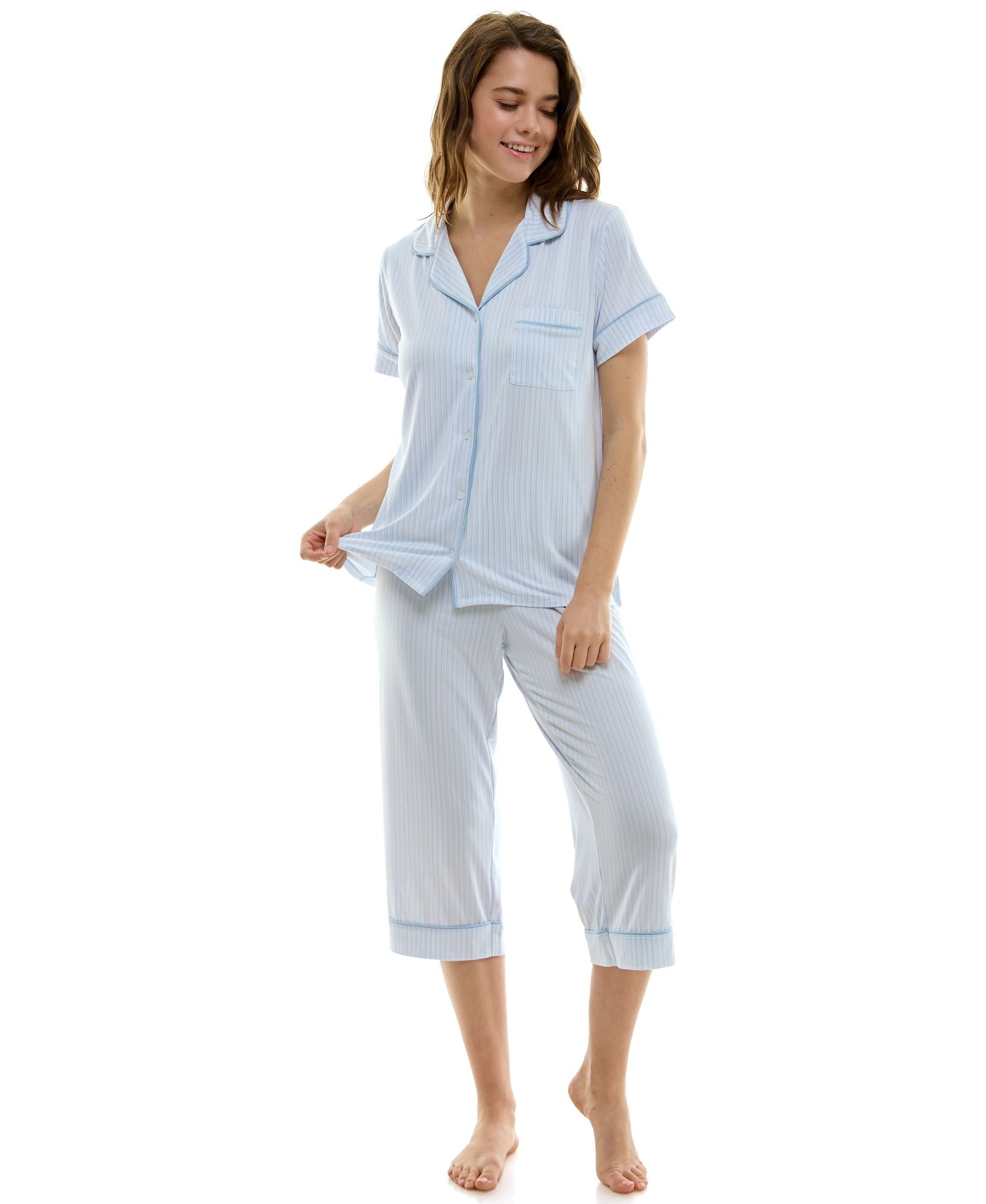 Jaclyn NY Short Sleeve & Capri Notch Collar Pajama Set (Juniors & Women ...