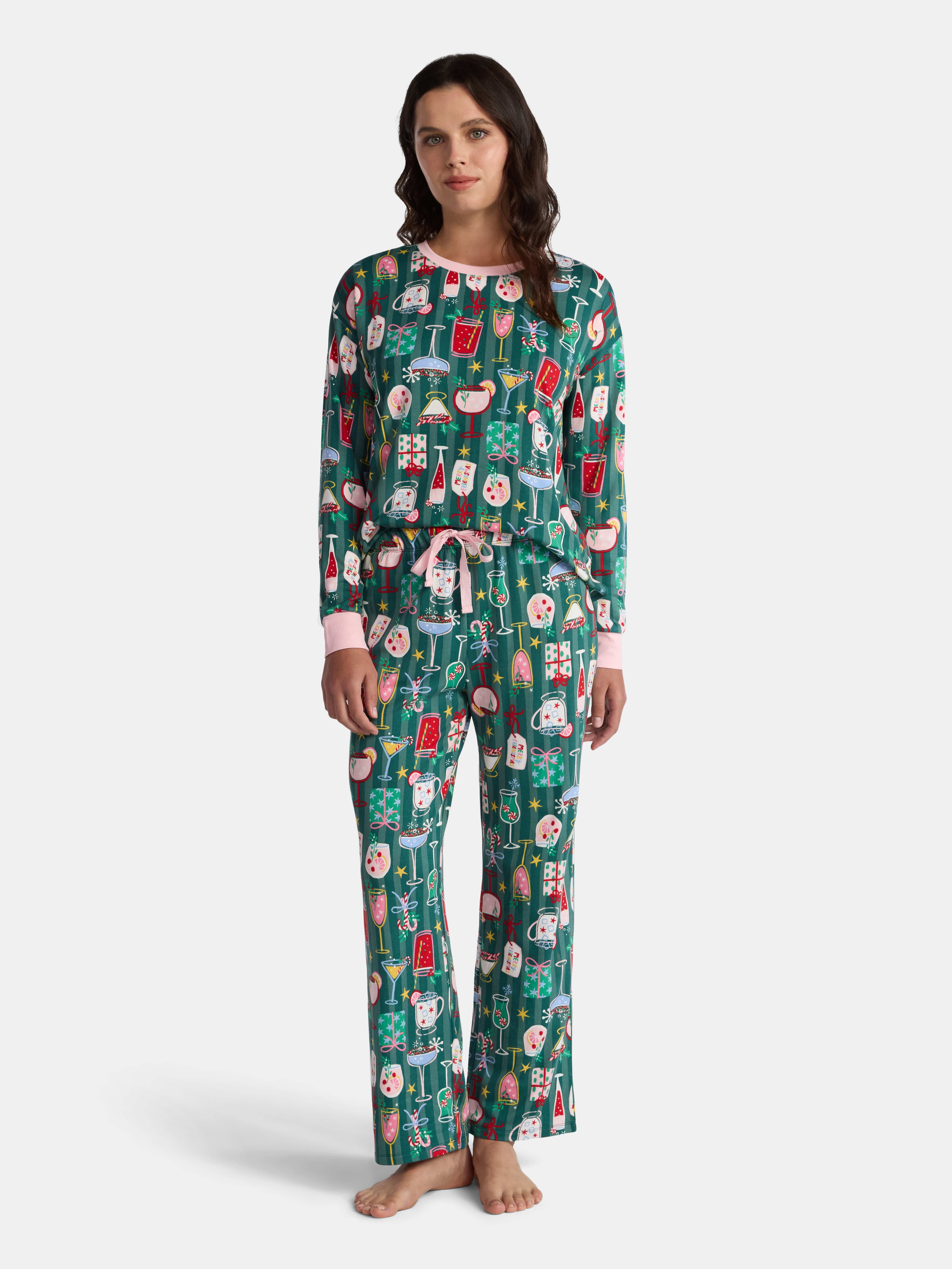 Jaclyn Women's Holiday Long Sleeve Sleep Top and Open Leg Pants Pajama ...