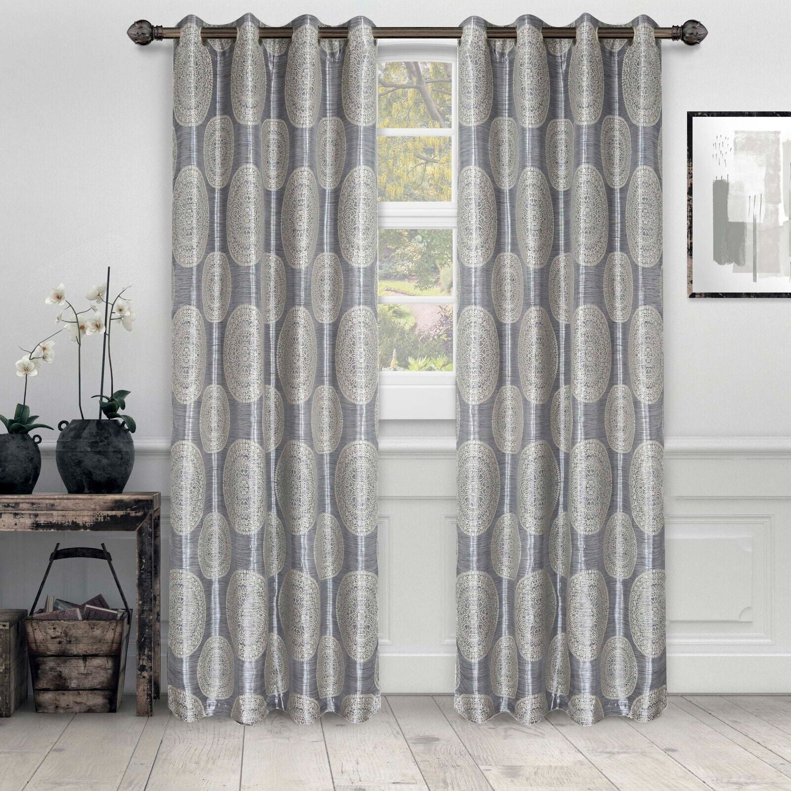 Jacquard Floral Medallion Grommet Header Bedroom Window Curtain Panel ...