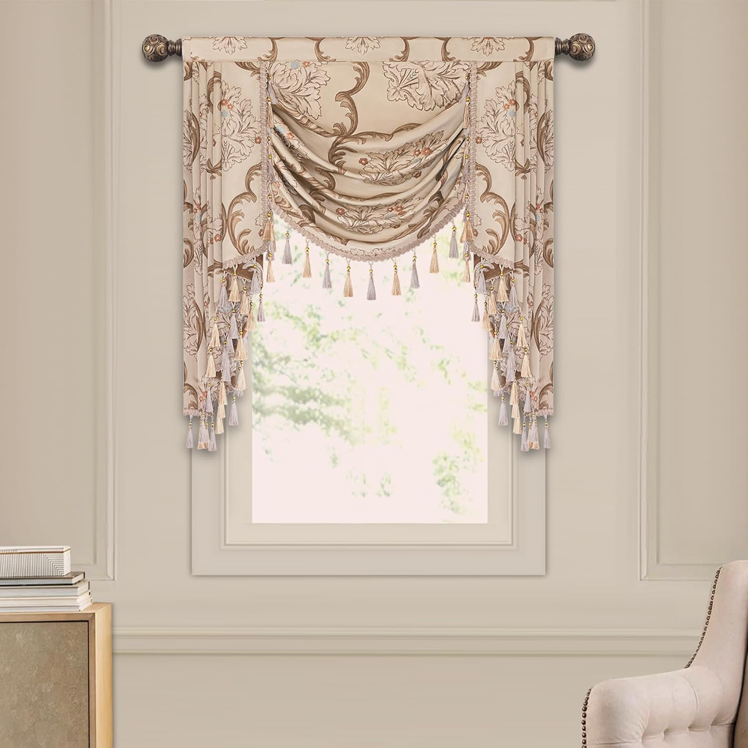 Jacquard Waterfall Valance for Living Room, Vintage Floral Damask Swag ...